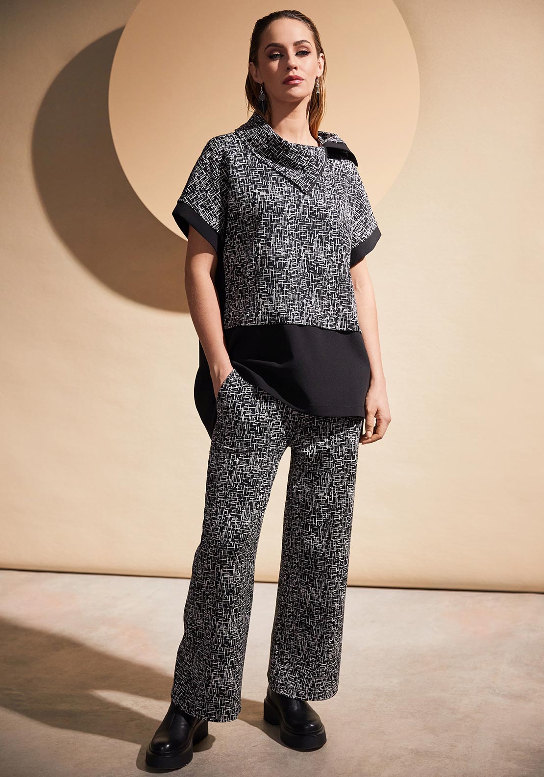 Naya Wool Mix Print Zip Neck Top, Black Multi - McElhinneys