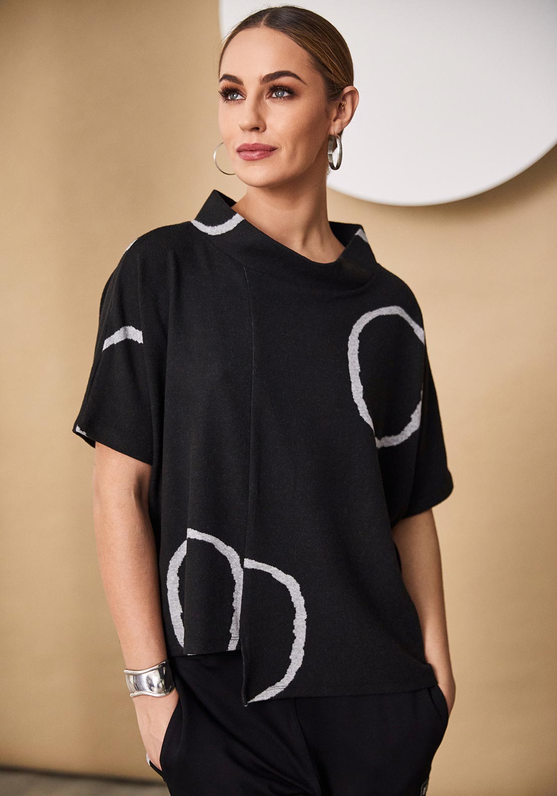 Naya Circle Print Boat Neck Top, Black & Silver - McElhinneys