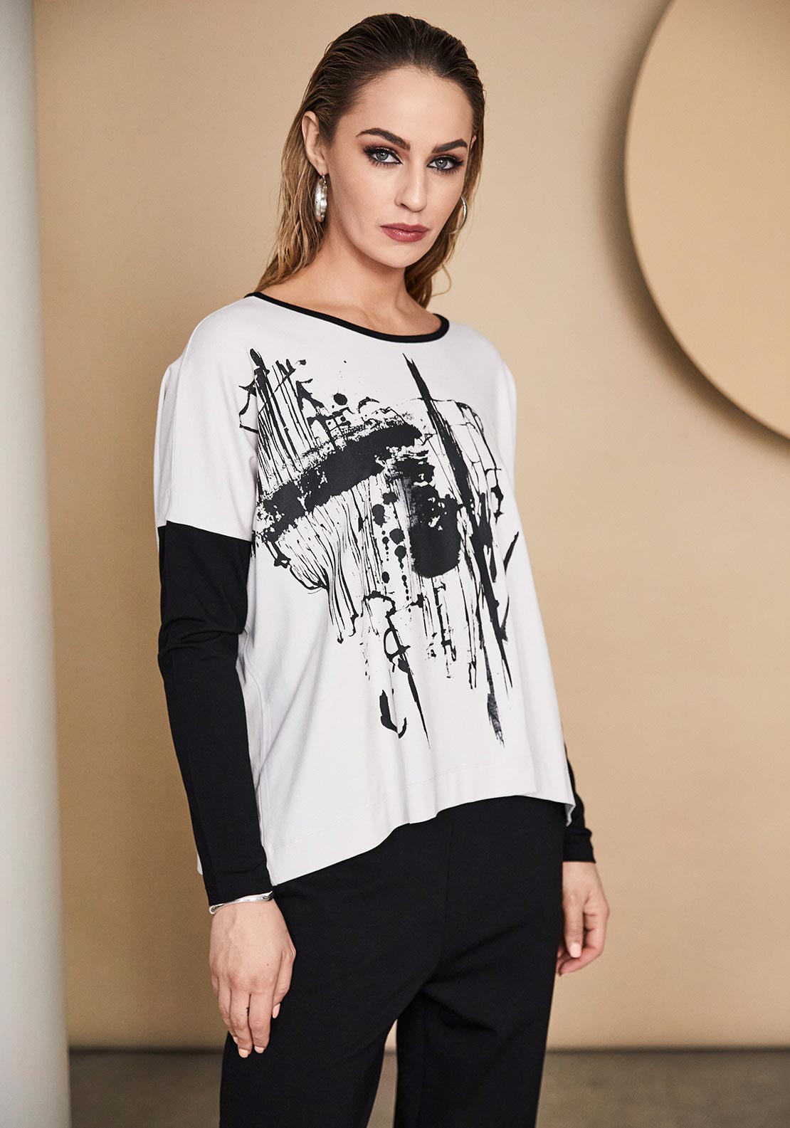 Naya Contrast Sleeve Print Top, White & Black - McElhinneys