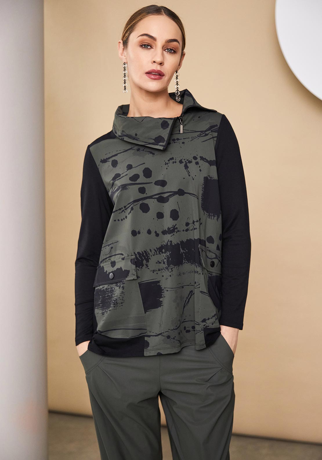 Naya Zip Collar Print Top, Green & Black - McElhinneys