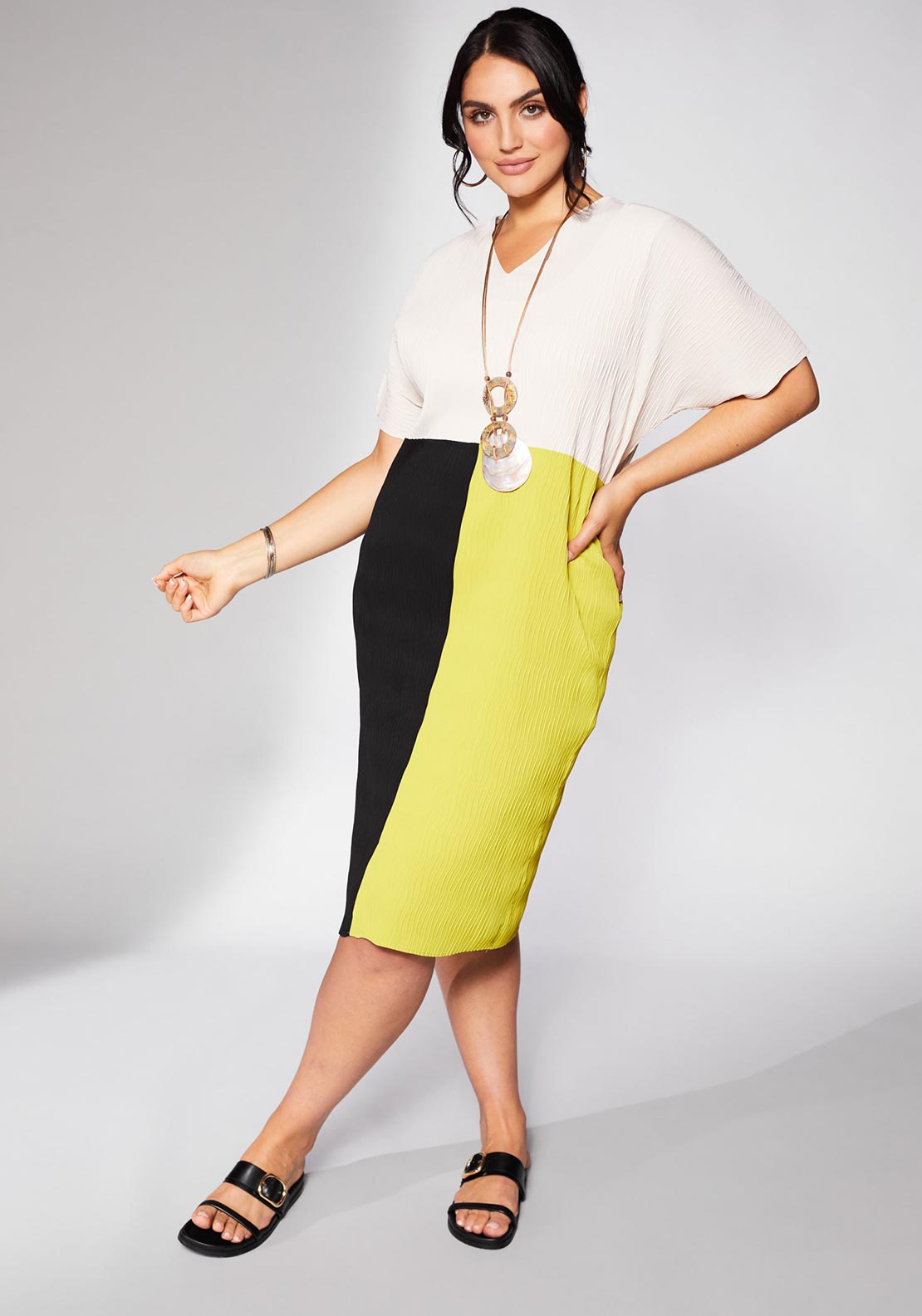 Ora Colour Block Wave Pleated Midi Dress, Multi - McElhinneys