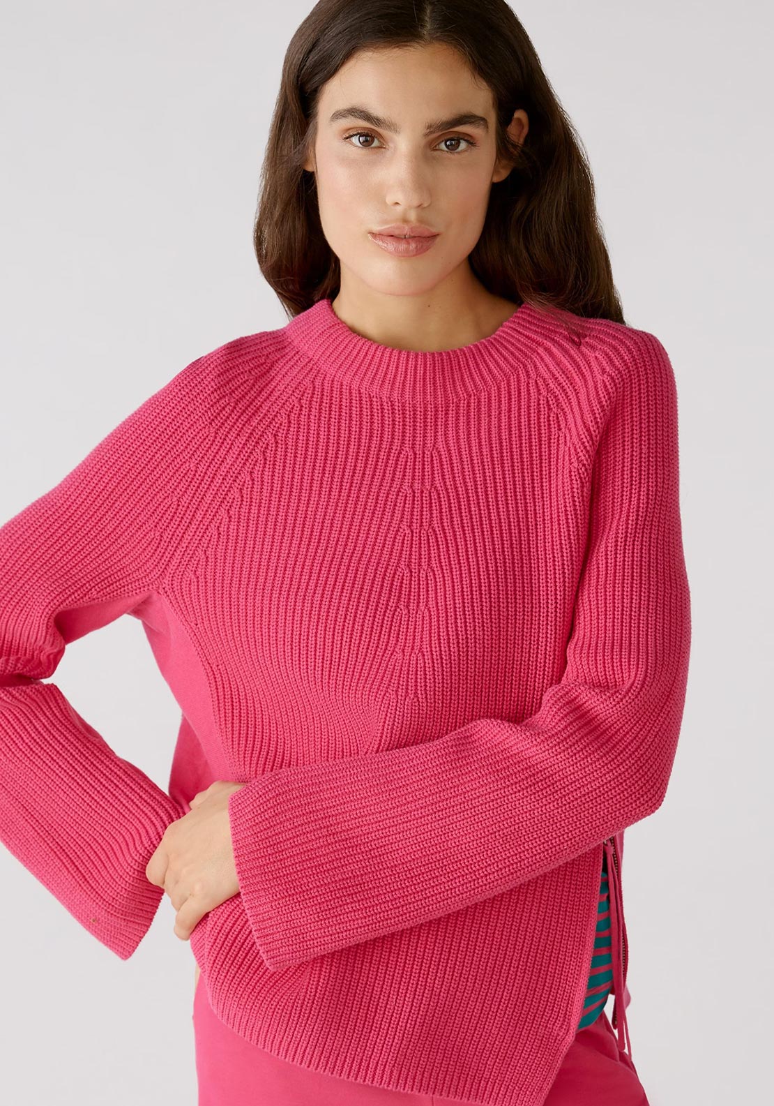 OUI Zip Up Side Detail Knitted Jumper, Pink - McElhinneys