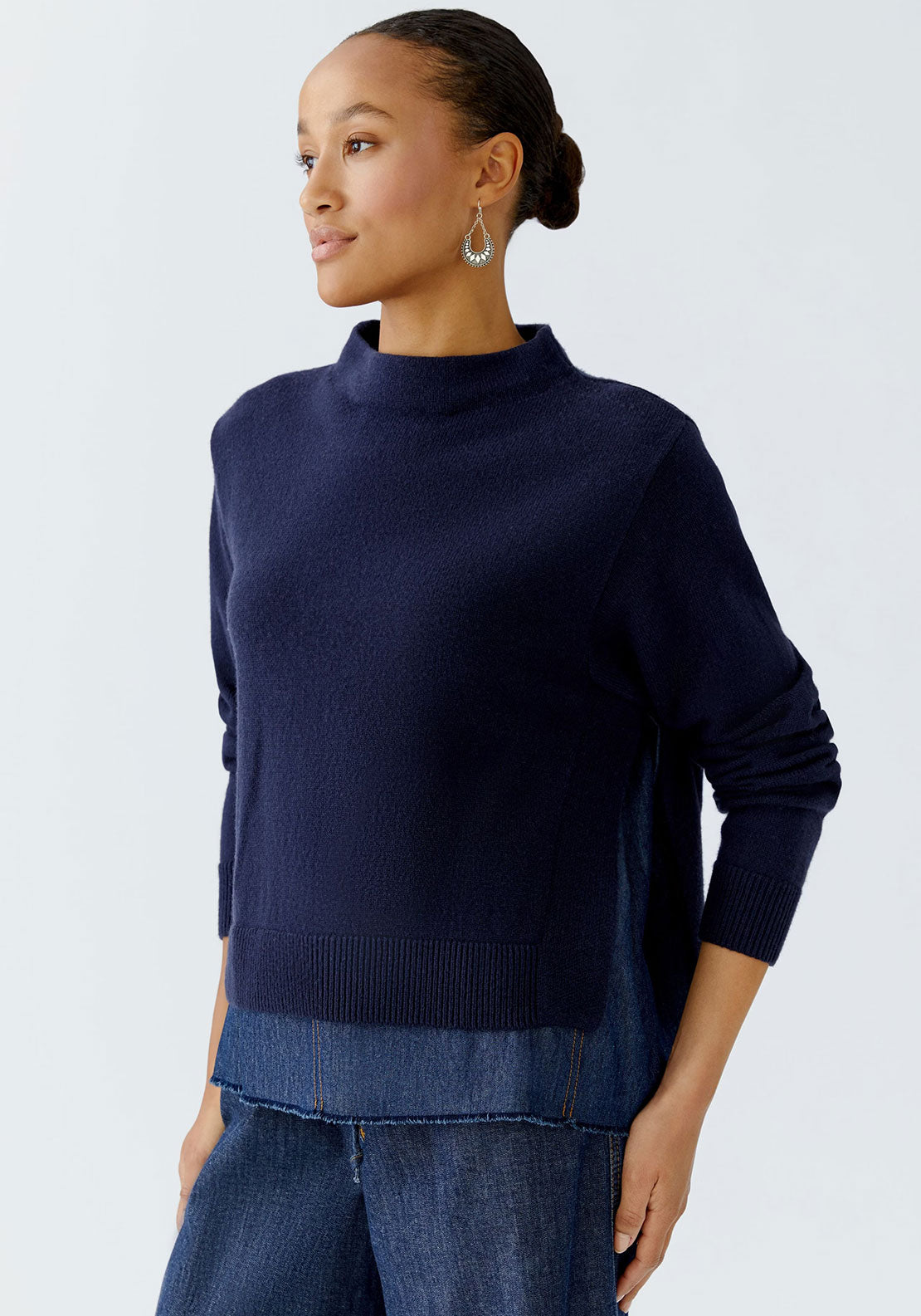 Oui Denim Insert Knit Jumper, Navy - McElhinneys