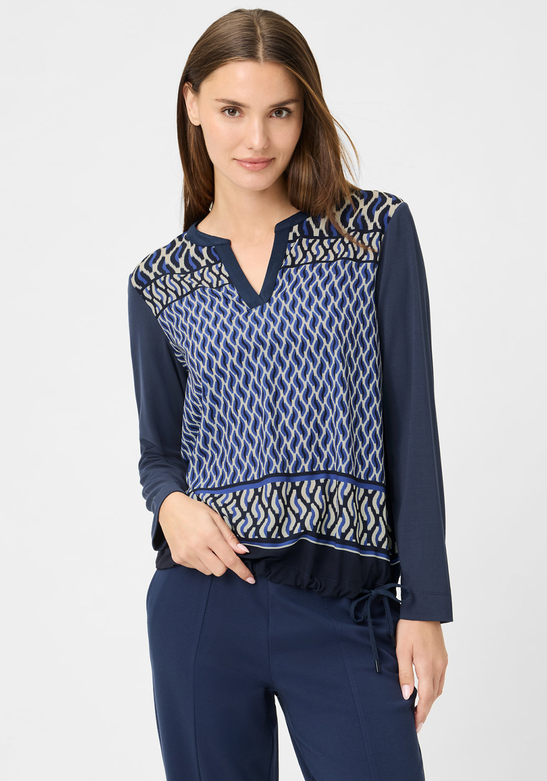 Olsen Printed Tie Trim Long Sleeve Top, Navy - McElhinneys