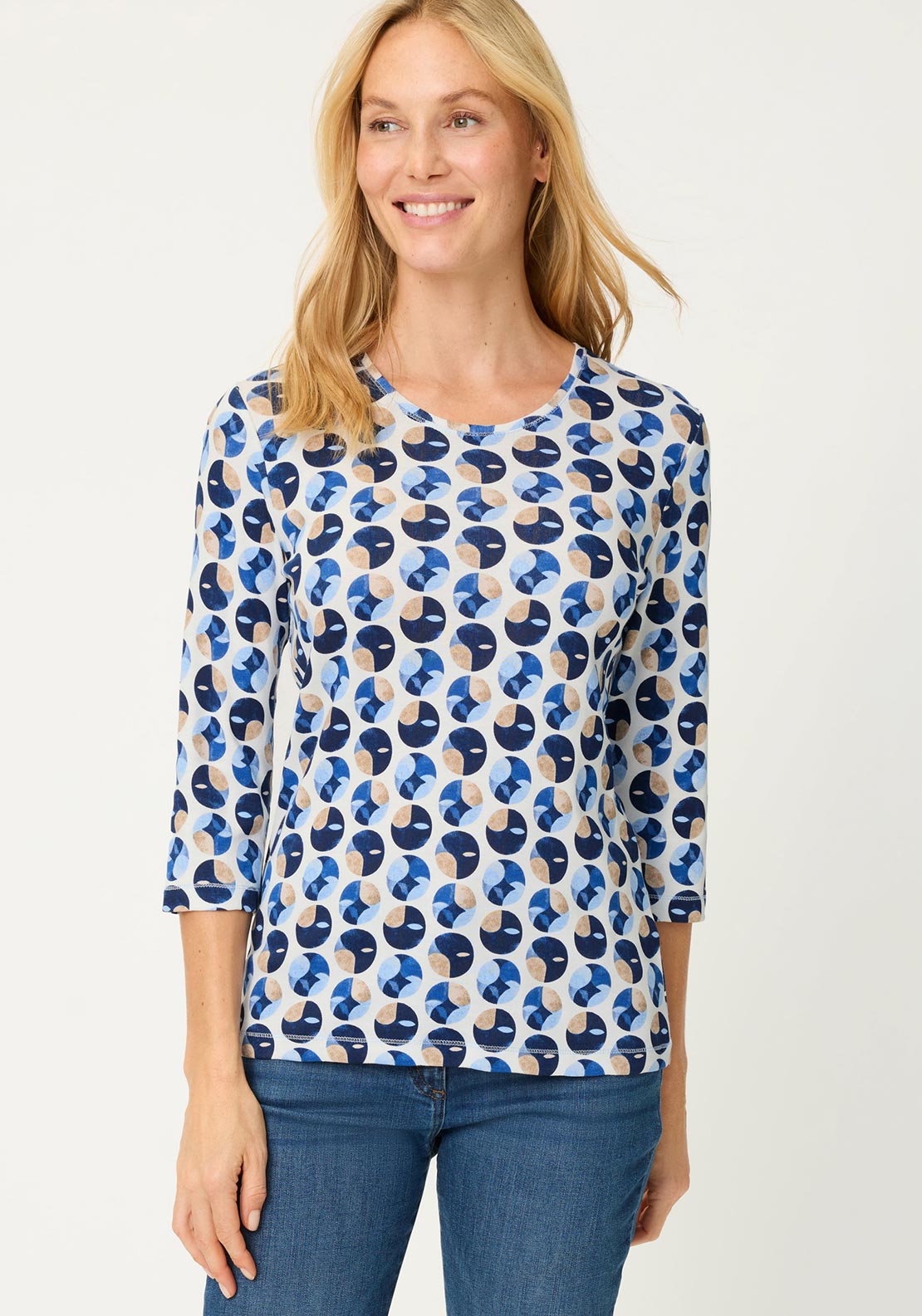 Olsen Abstract Print Cotton Top, Blue - McElhinneys
