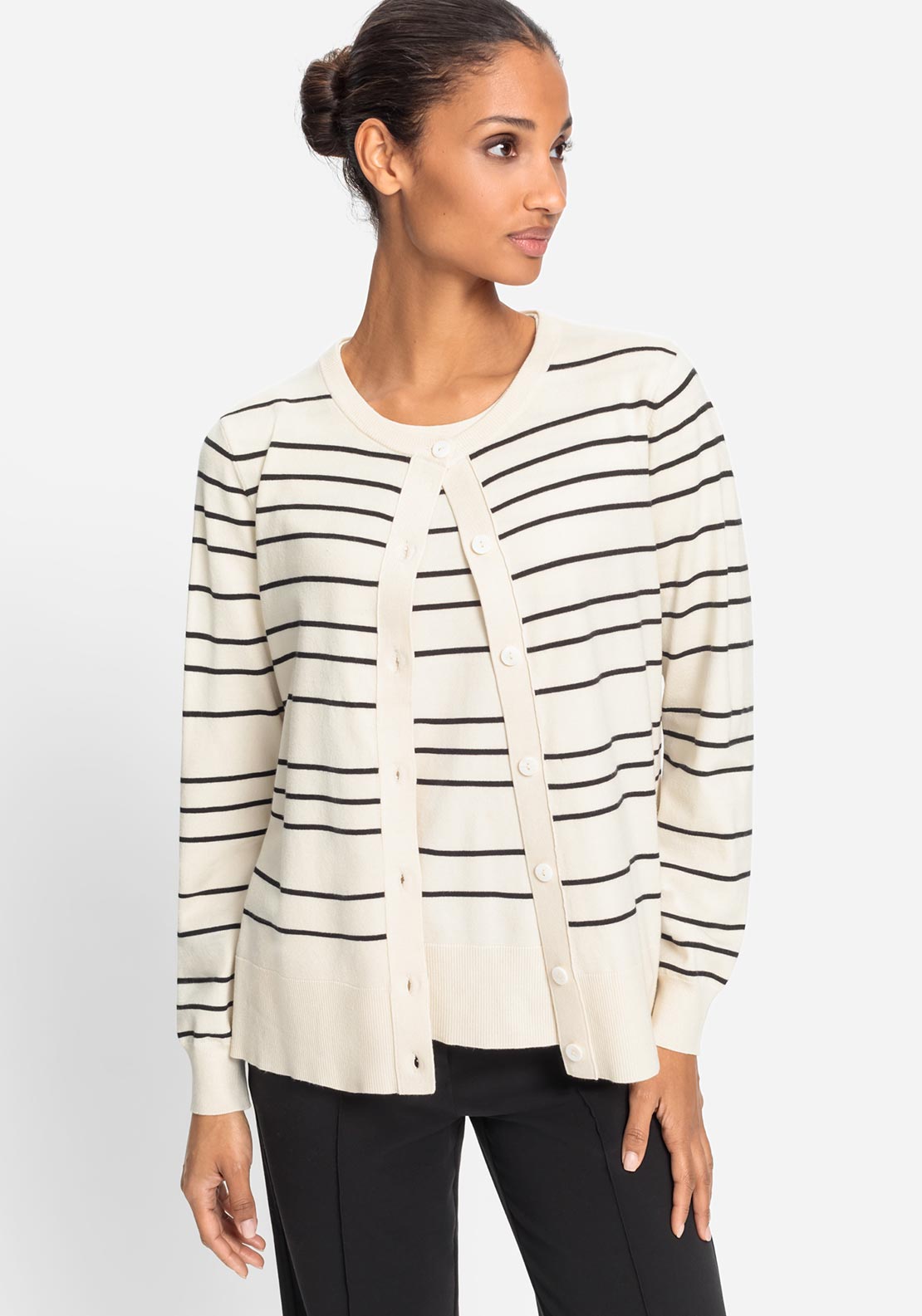 Olsen Henny Striped Buttoned Cardigan, Beige and Black - McElhinneys