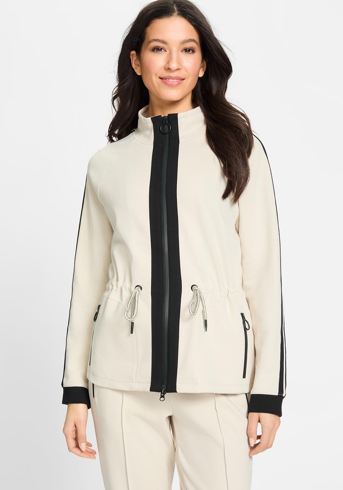Olsen Henny Jersey Zipped Jacket, Light Beige and Black - McElhinneys