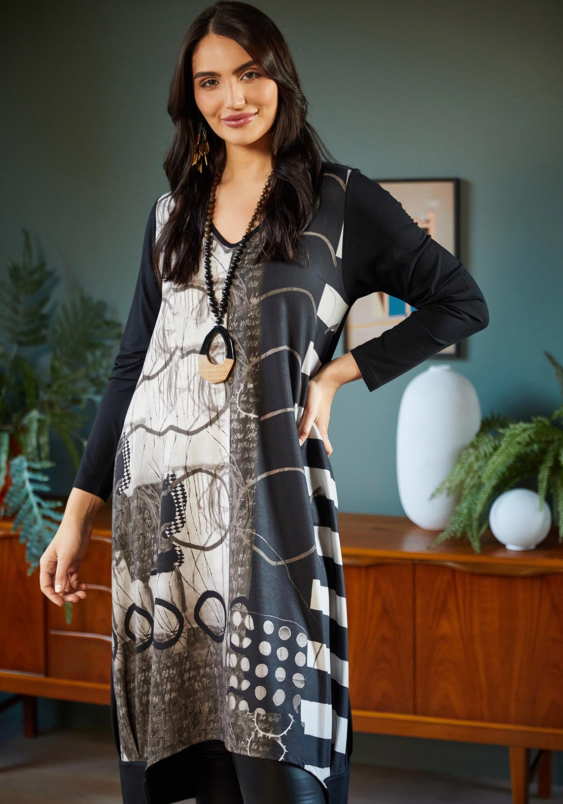 Ora Graphic Print V Neck Dress, Black - McElhinneys