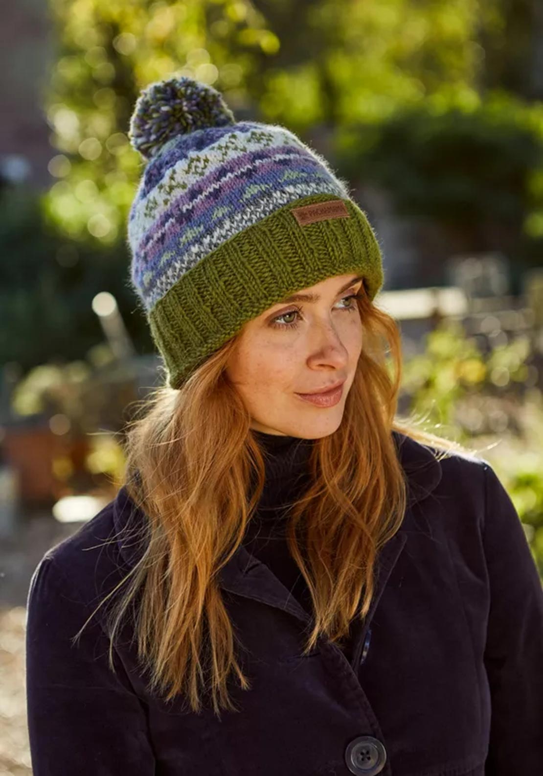 Pachamama Fairisle Roll Back Bobble Beanie, Olive - McElhinneys