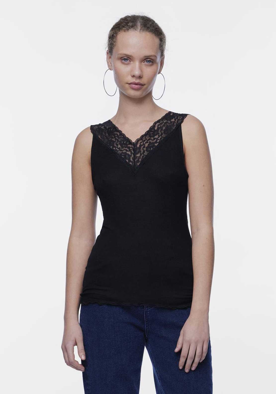 Pieces Siri Lace Neck Trim Top, Black - McElhinneys