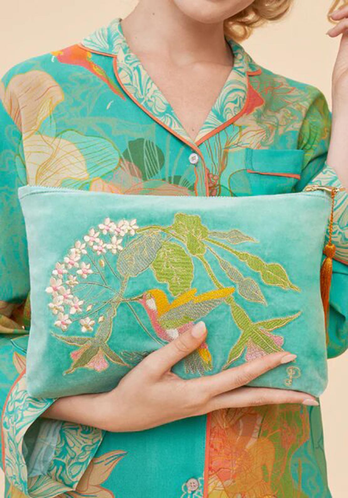 Powder Embroidered Hummingbird Velvet Zip Pouch, Aqua - McElhinneys