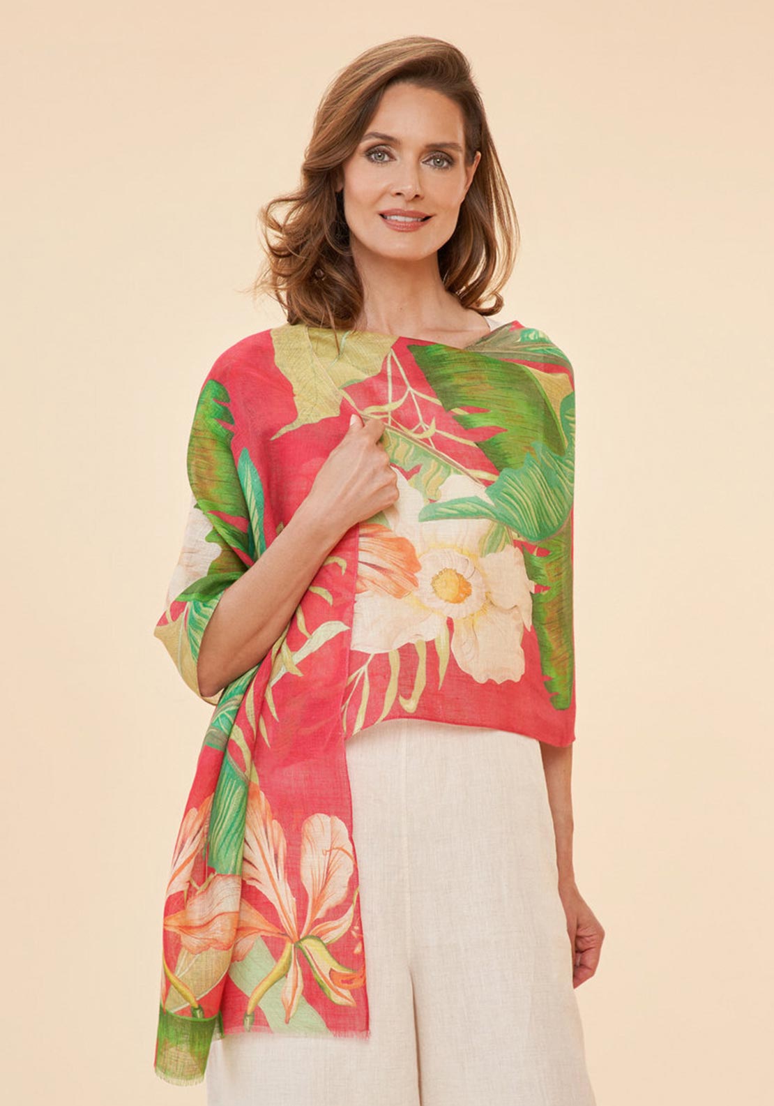 Powder Linen Delicate Tropical Scarf, Dark Rose - McElhinneys