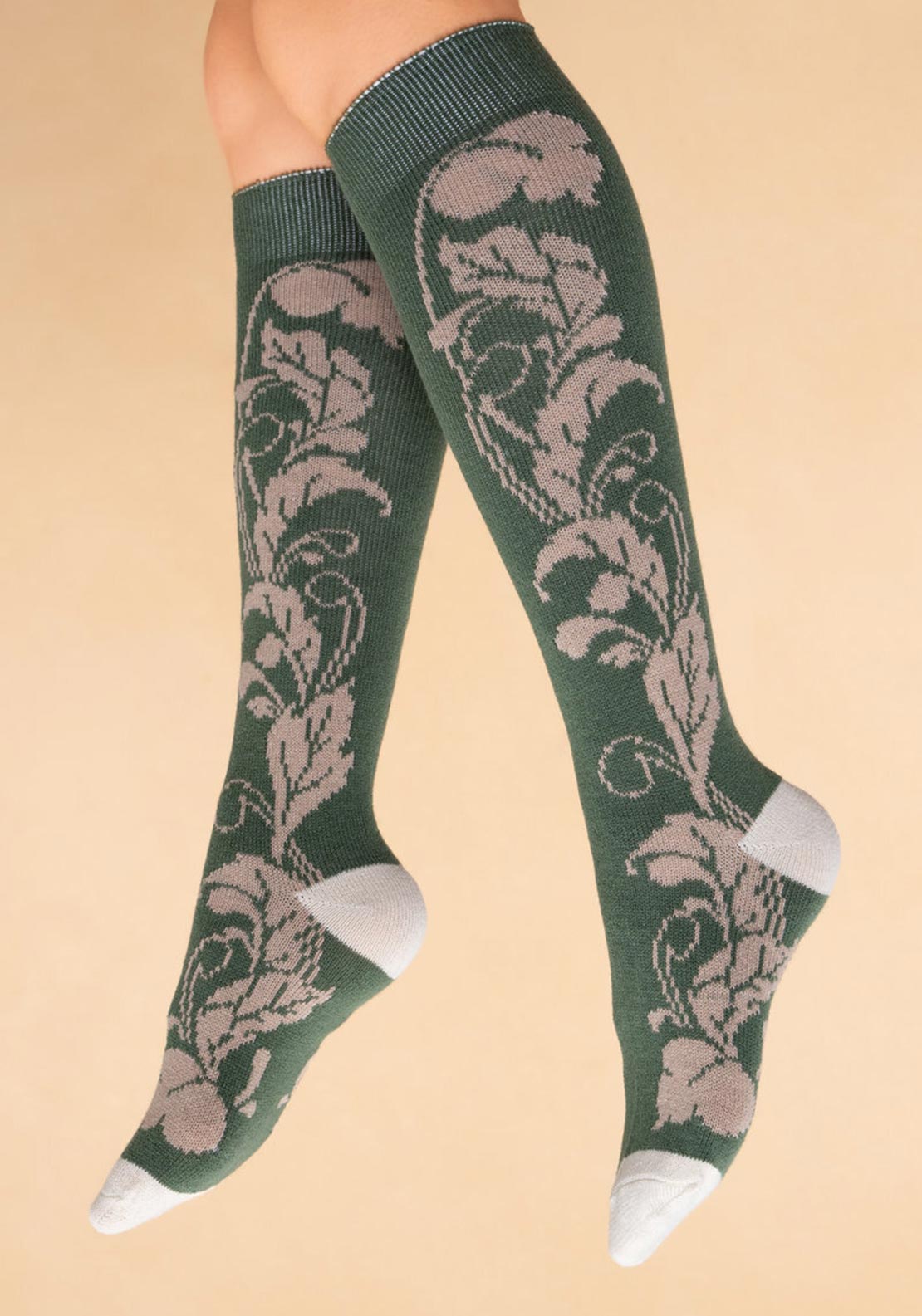 Powder Opulent Floral Knee-High Socks, Sage - McElhinneys