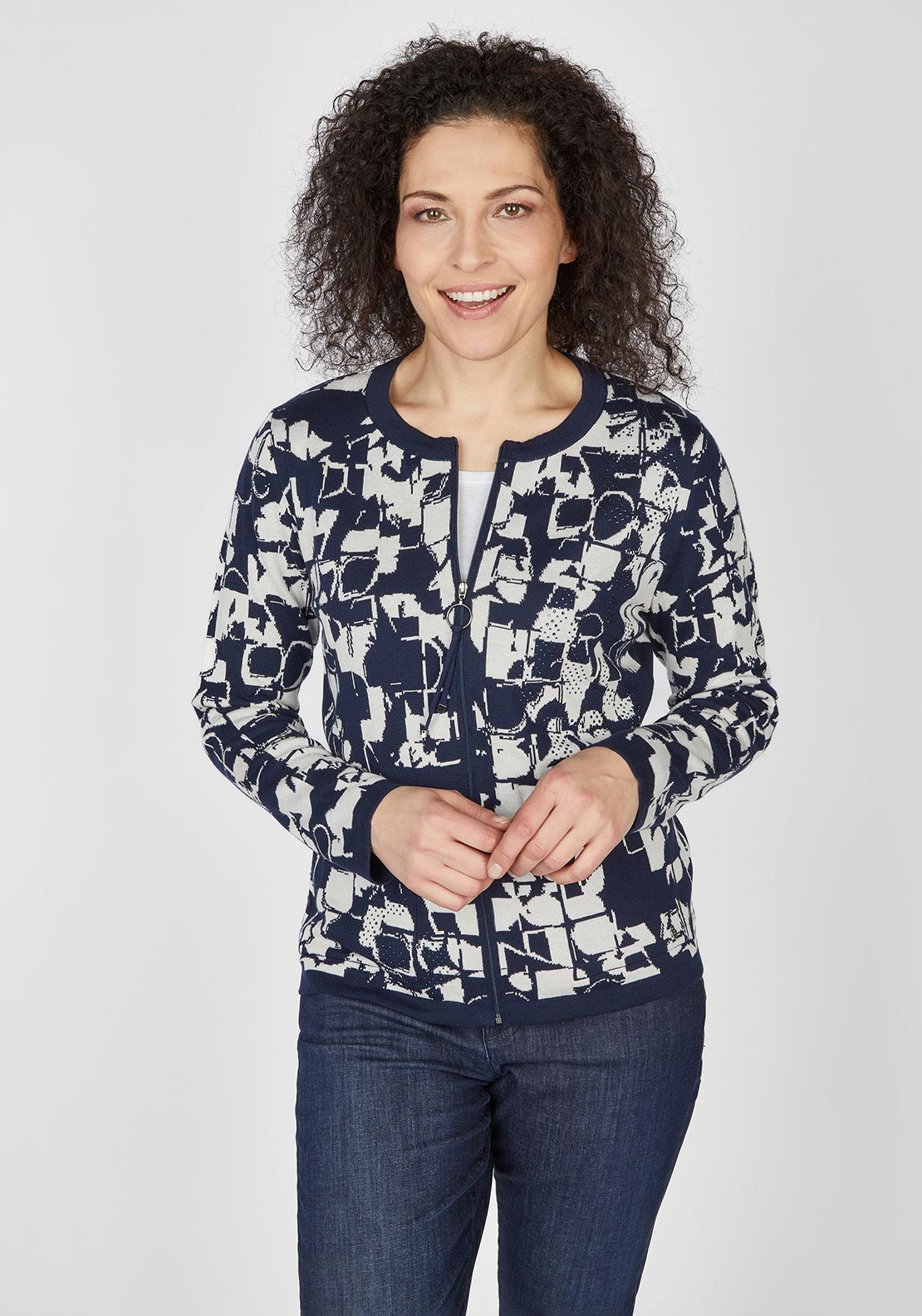 Rabe Full Zip Knitted Print Short Cardigan, Navy & Beige - McElhinneys