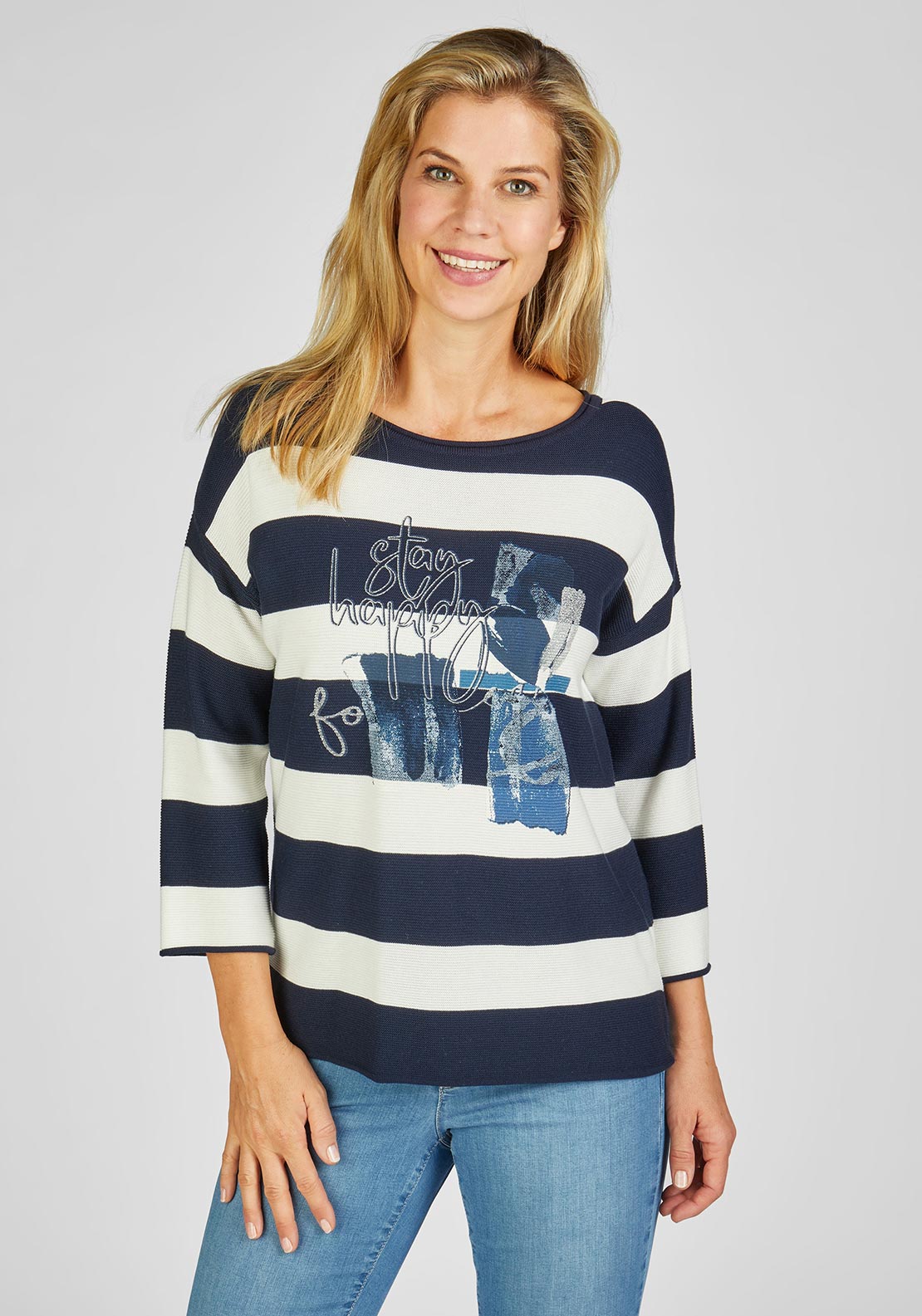 Rabe Text Print Striped Sweater, Navy - McElhinneys