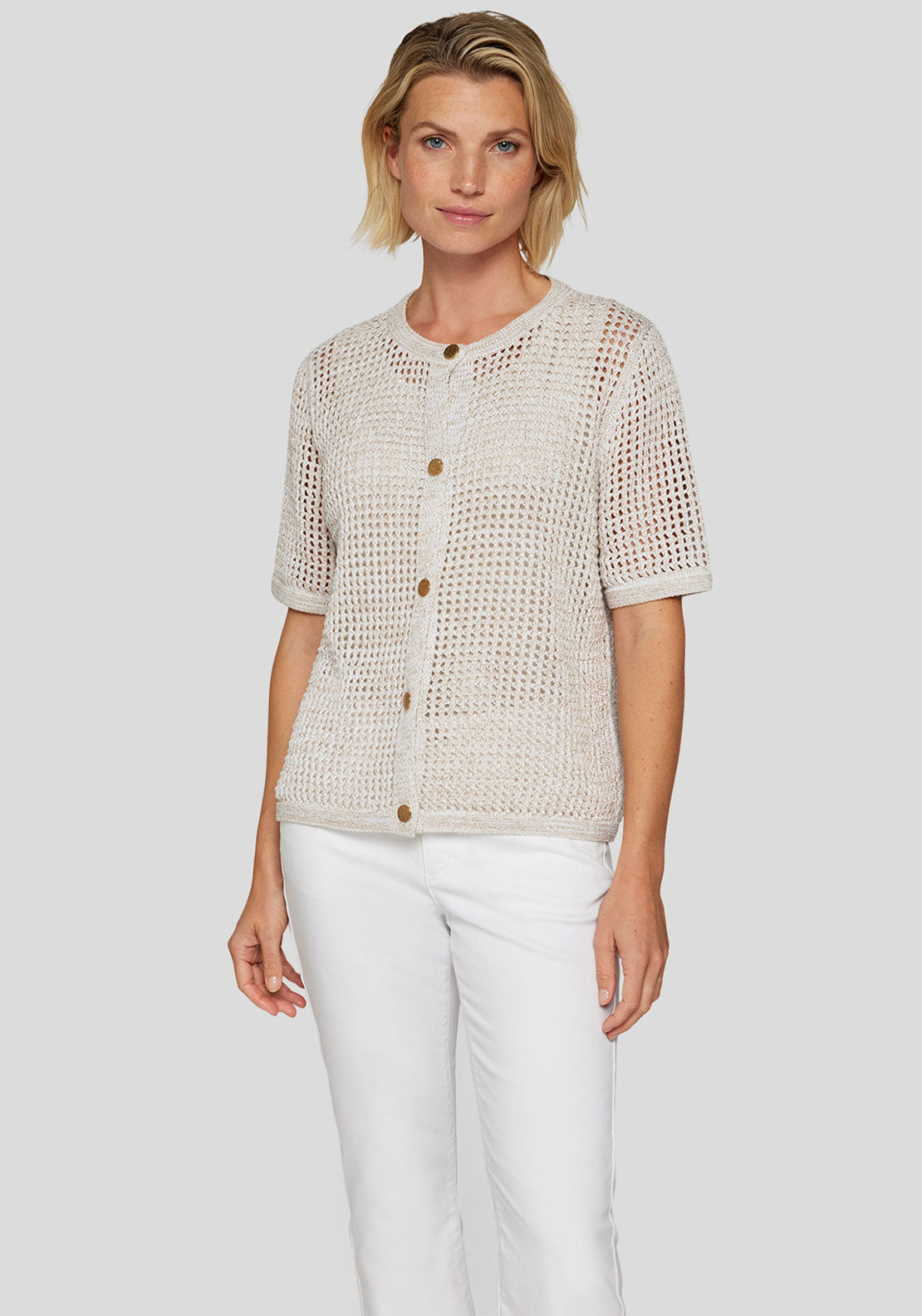 Rabe Metallic Short Sleeve Cardigan, Beige - McElhinneys