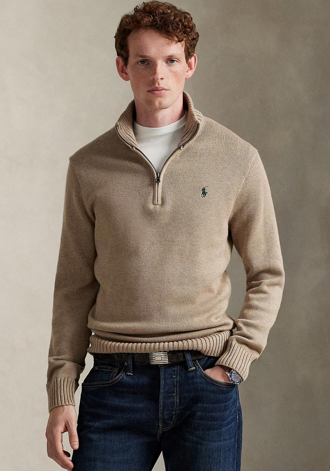 Ralph Lauren Quarter Zip Jumper, Beige - McElhinneys
