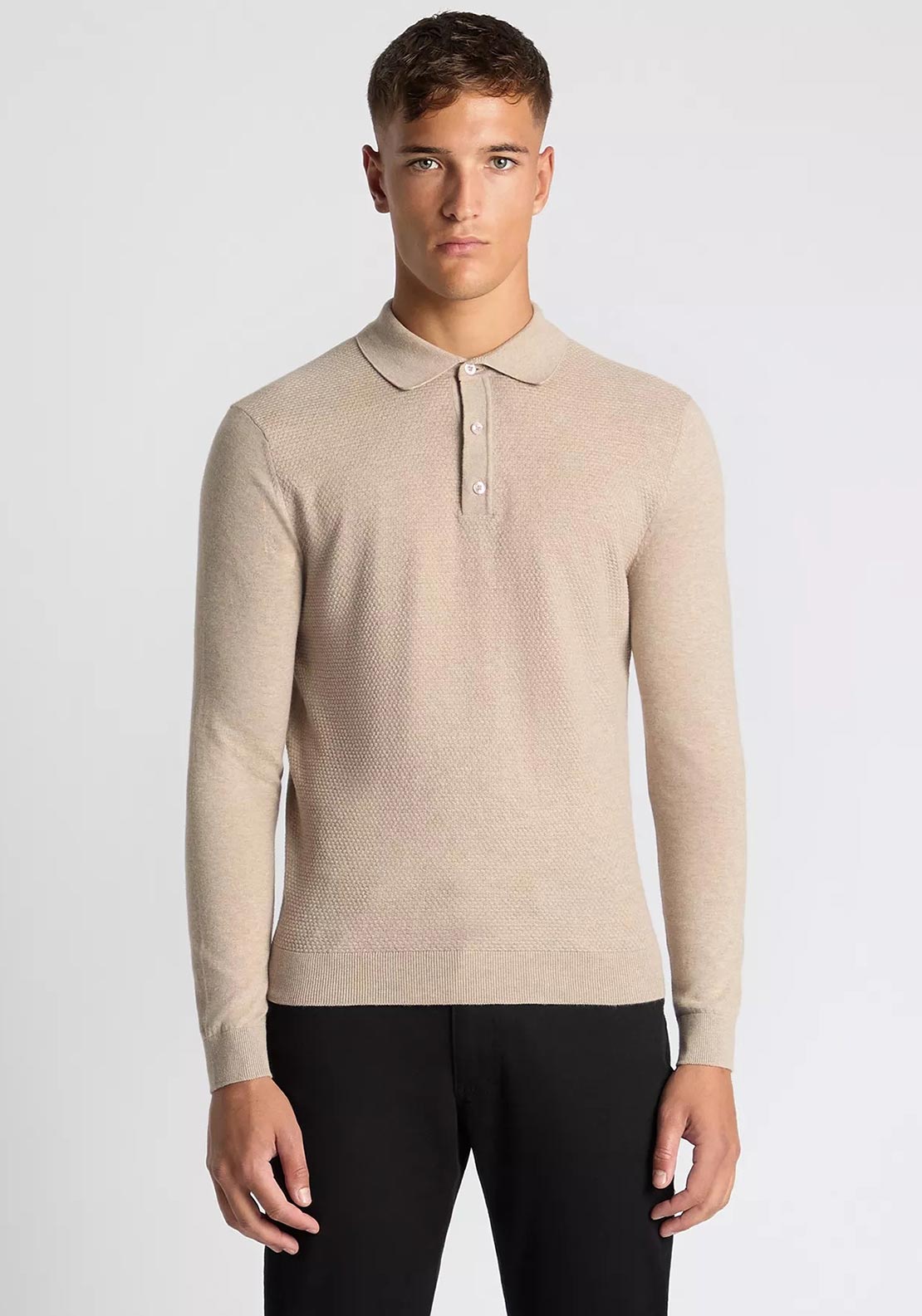 Remus Uomo Long Sleeve Knitted Polo Shirt, Stone Beige - McElhinneys