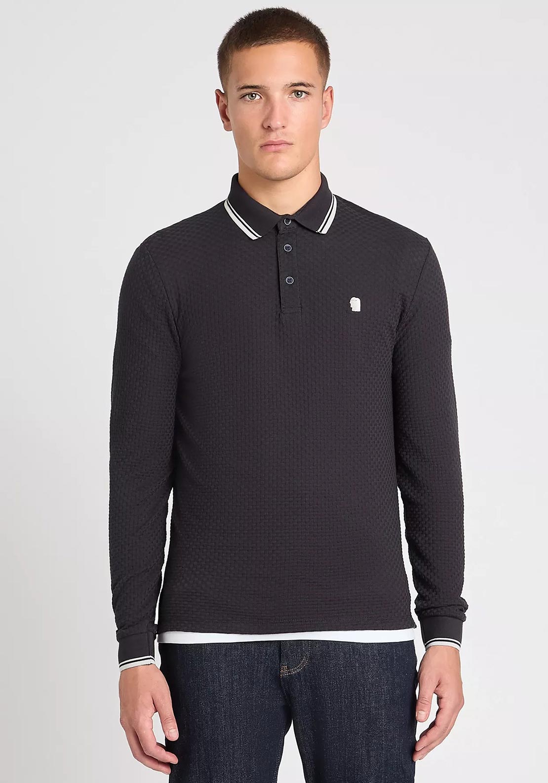 Remus Uomo Woven Knit Long Sleeve Polo Shirt, Navy - McElhinneys