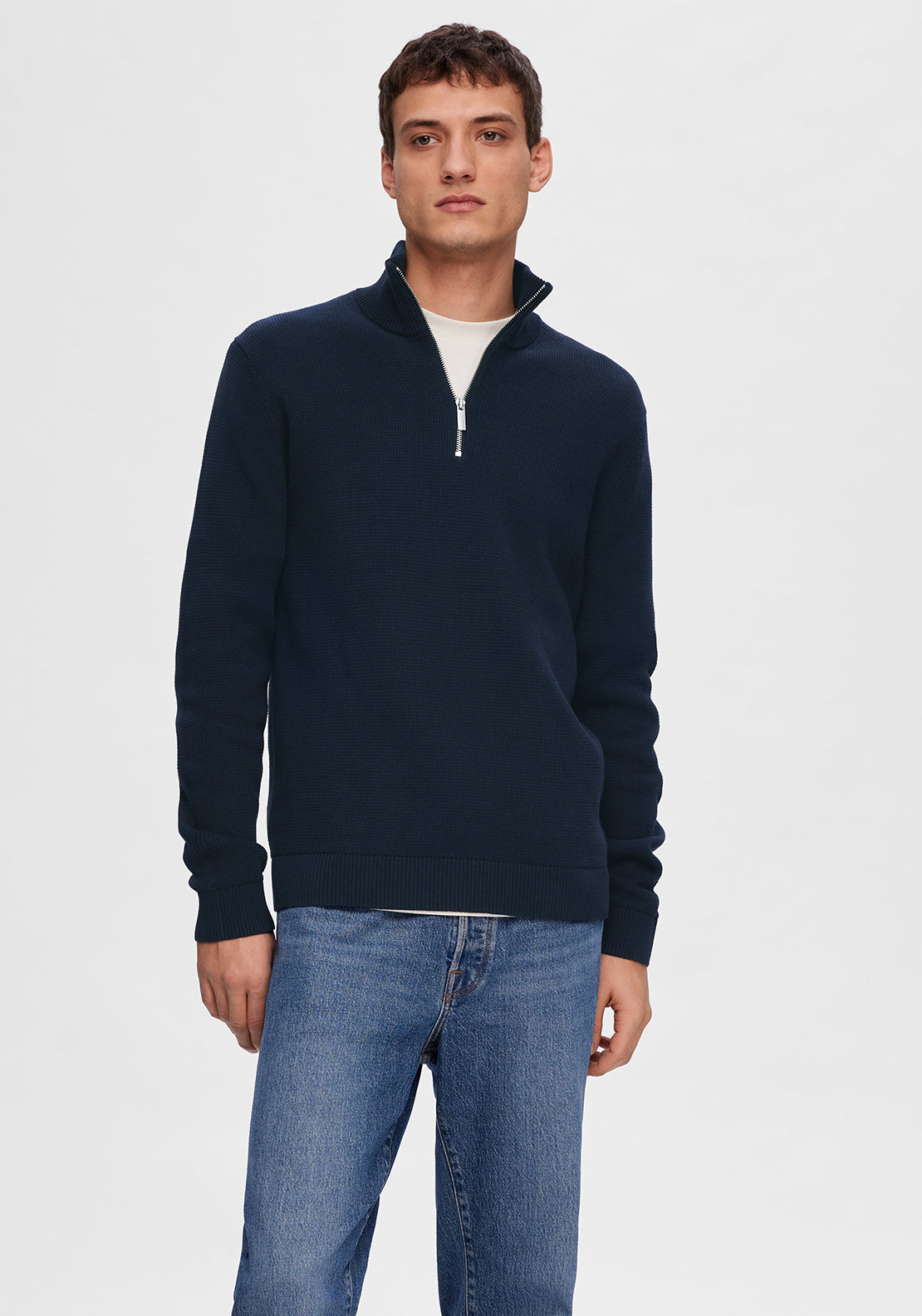 Selected Homme Dane Quarter Zip Knit Sweater, Navy - McElhinneys