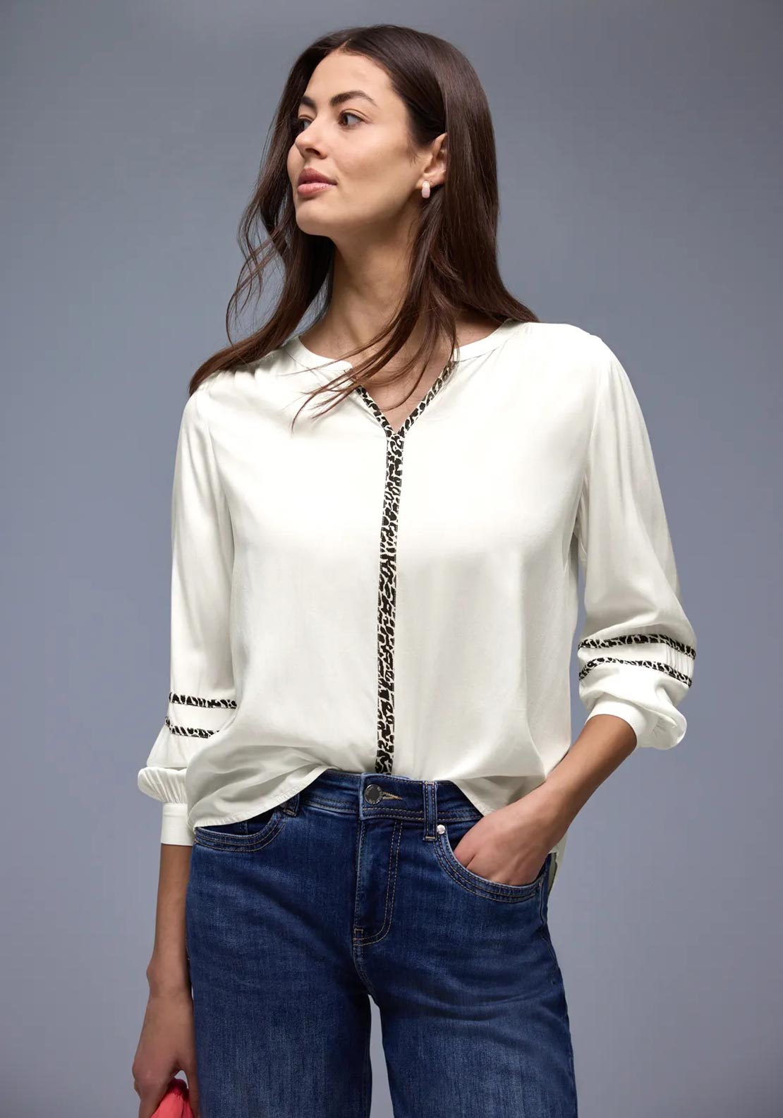 Street One Blouse with Animal Print Detail, White - McElhinneys