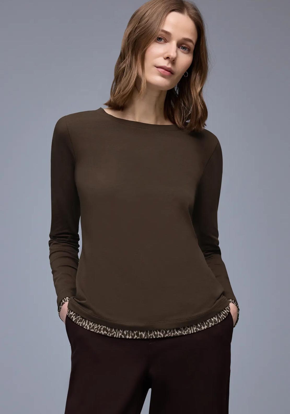 Street One Long-Sleeved Top with Mesh Detail, Brown - McElhinneys