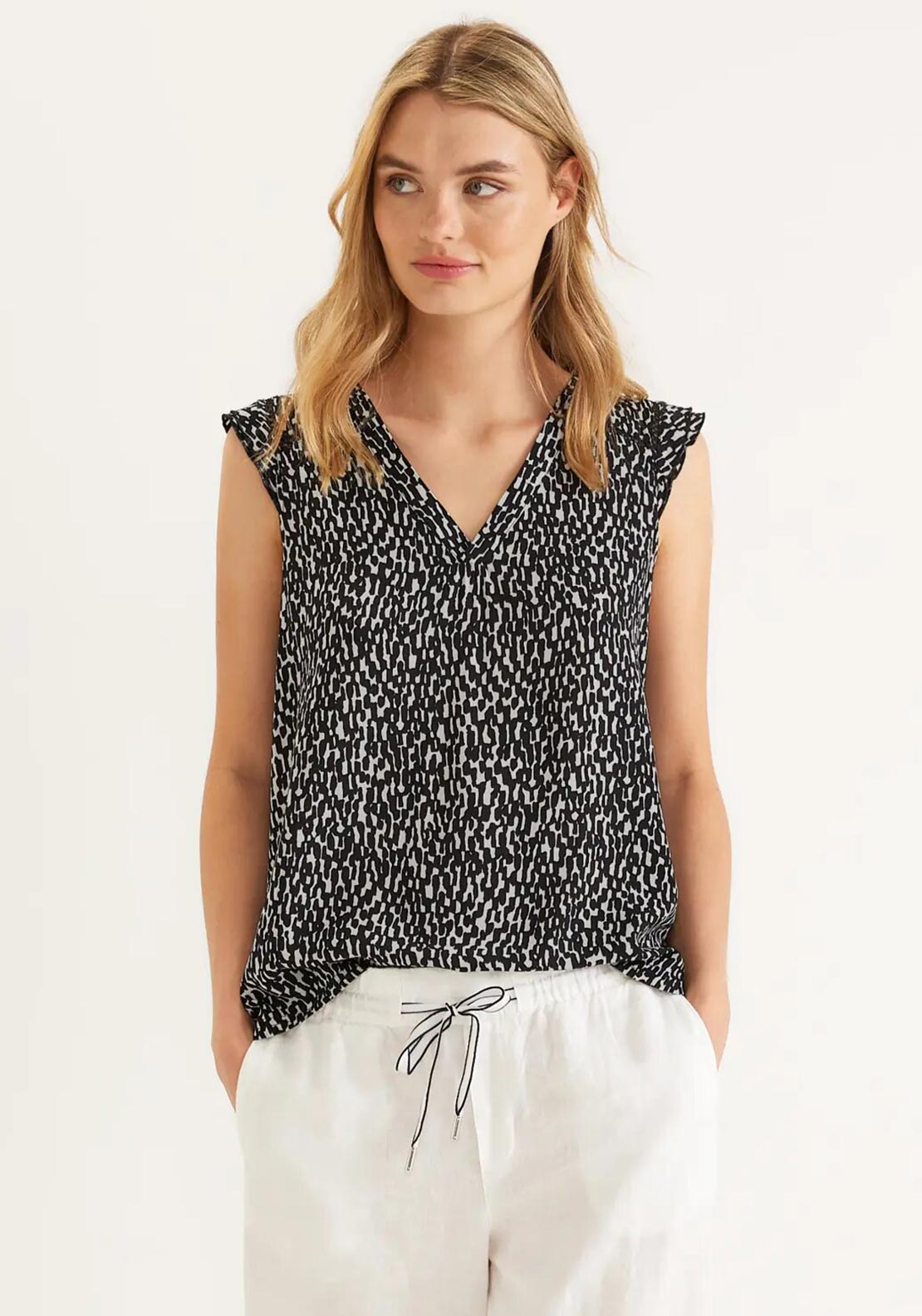Street One Printed Ruffle Shoulder Top, Black & White - McElhinneys