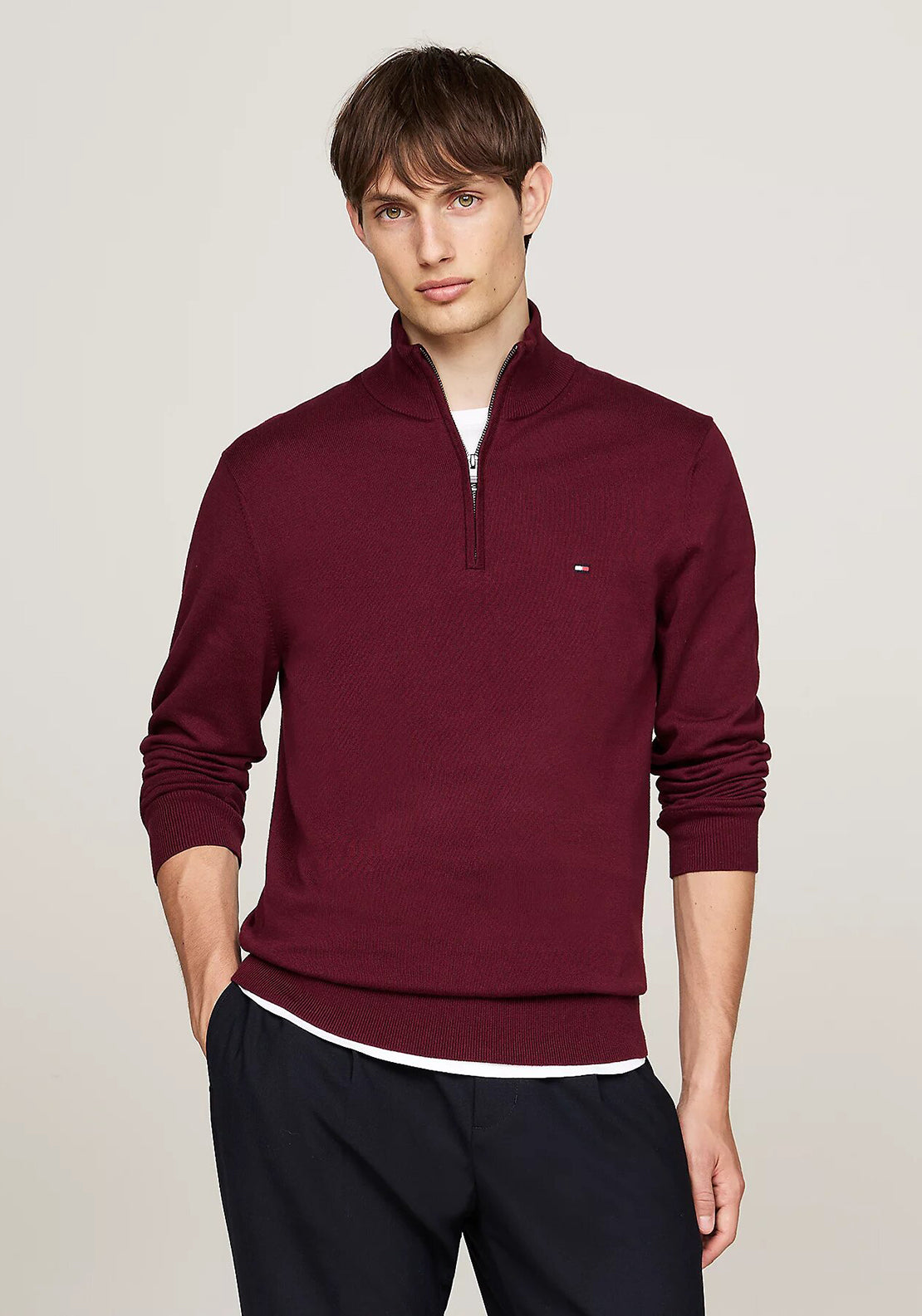 Tommy Hilfiger Essential Quarter Zip Sweater, Deep Rouge - McElhinneys