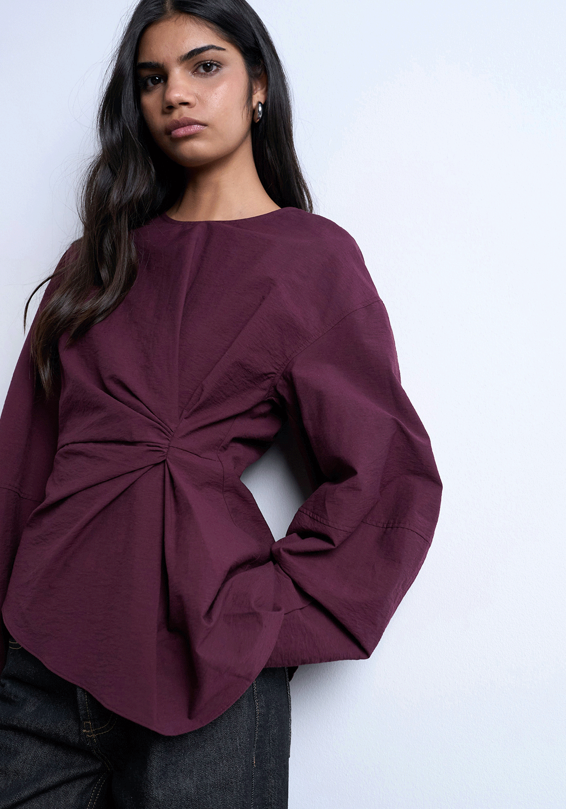 TOPSHOP Lennie Ruched Asymmetric Drape Top, Burgundy - McElhinneys