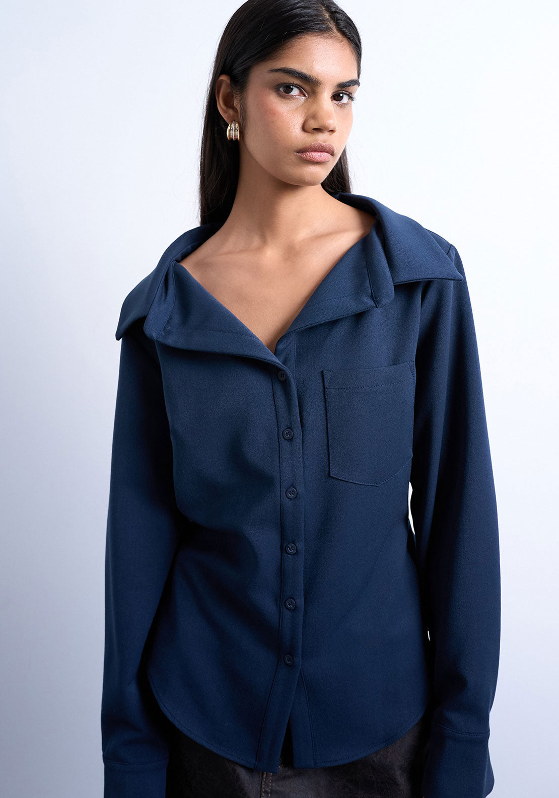 TOPSHOP Joleen Open Neck Shirt, Navy - McElhinneys