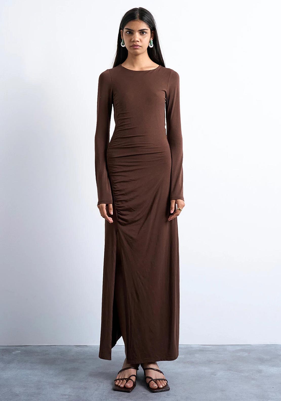 TOPSHOP Rose Ruched Maxi Dress, Brown - McElhinneys