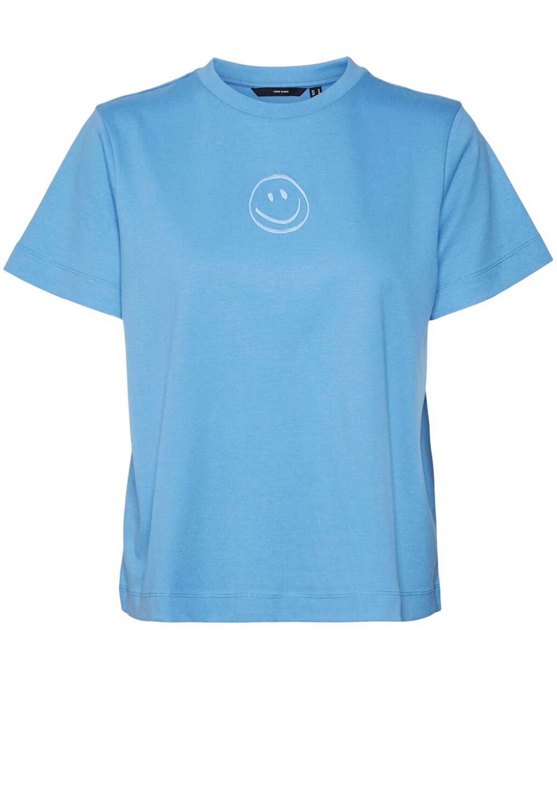 Vero Moda Sara Smiley Embroidered T-Shirt, Blue Jasper - McElhinneys