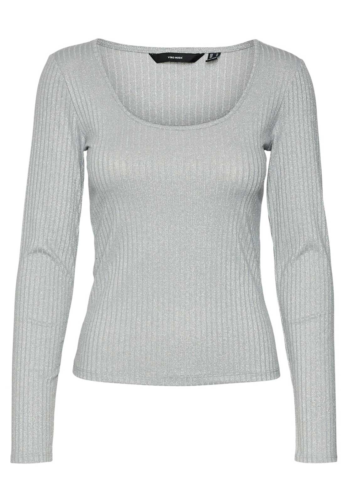 Vero Moda Cora Ribbed Glitter Top, Silver - McElhinneys
