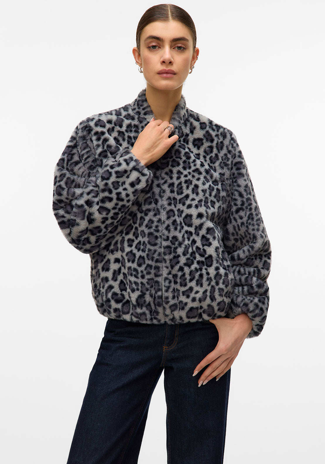 Vero Moda Leopard Print Faux Fur Short Jacket, Grey - McElhinneys