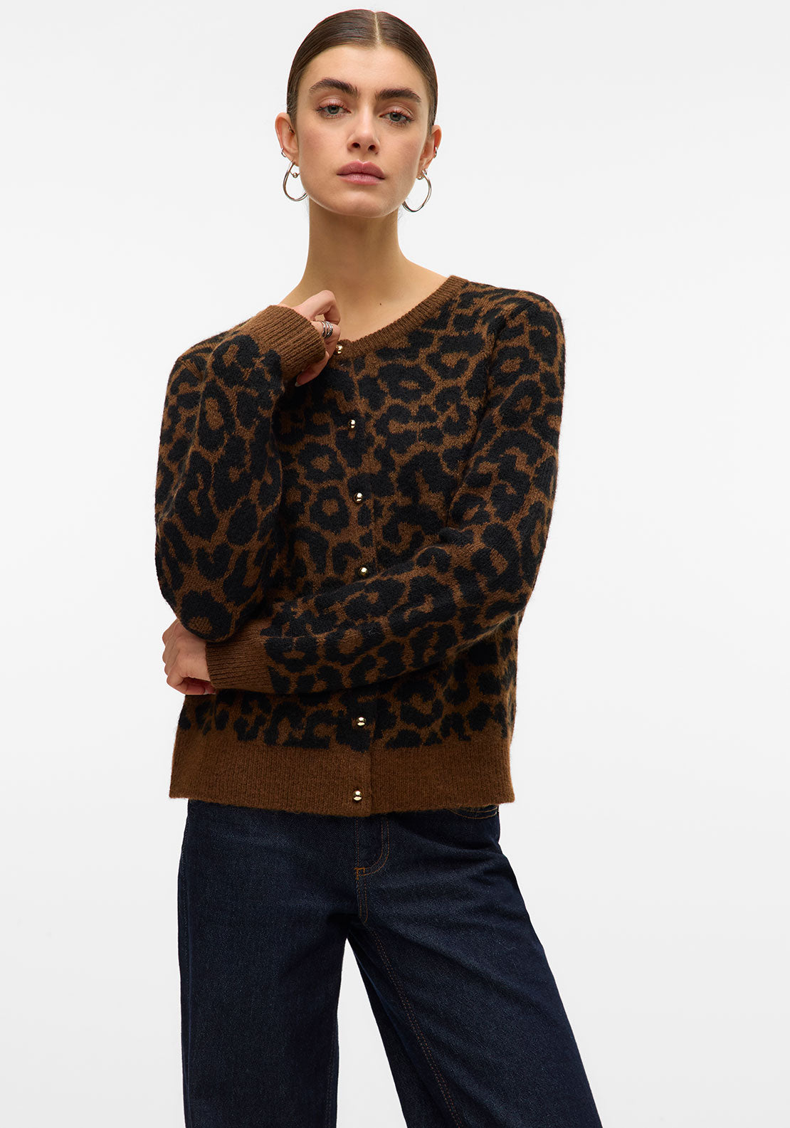 Vero Moda Newkai Leopard Knit Cardigan, Brown - McElhinneys