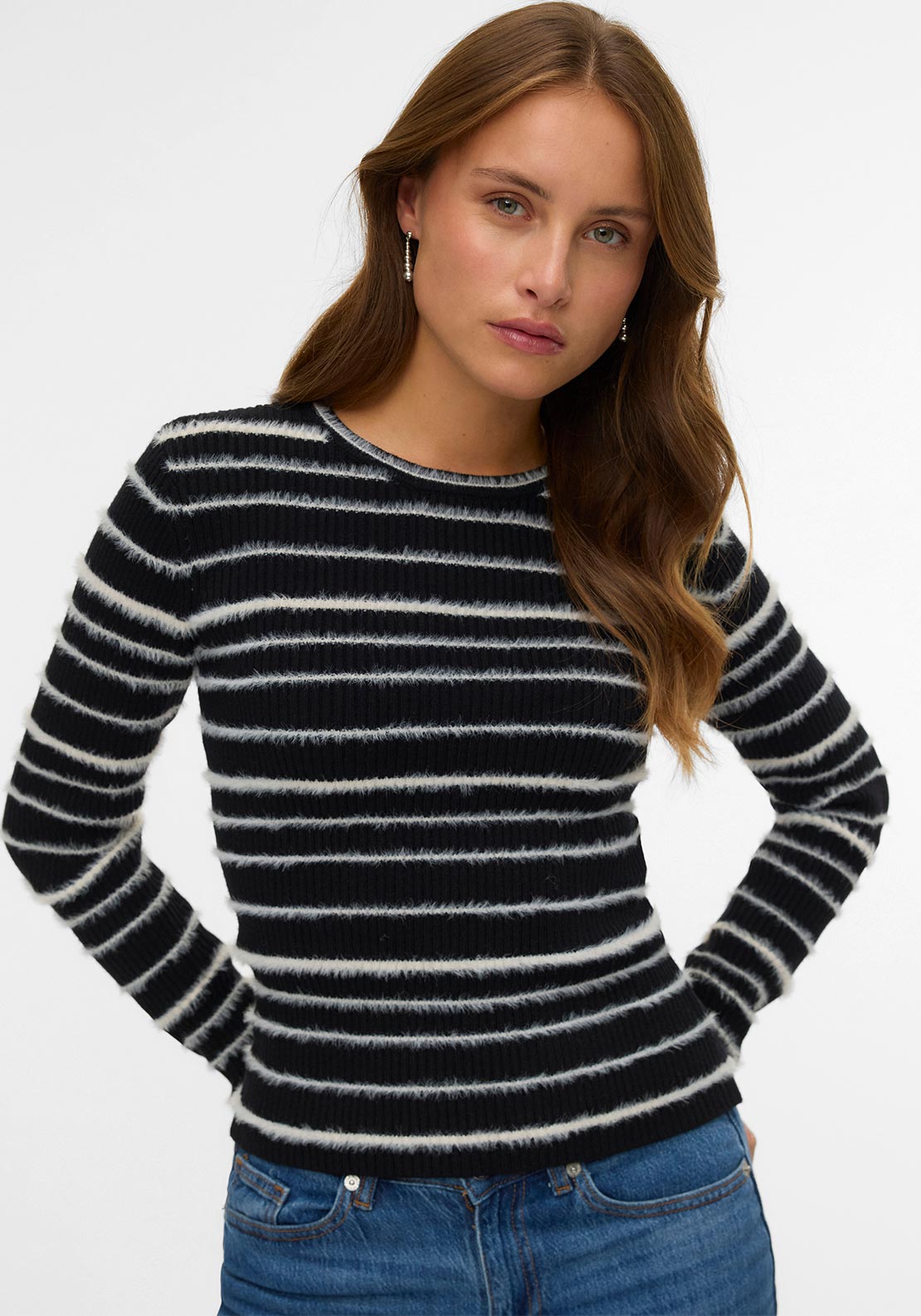 Vero Moda Vanda Rib Stripe Knit Sweater, Black - McElhinneys