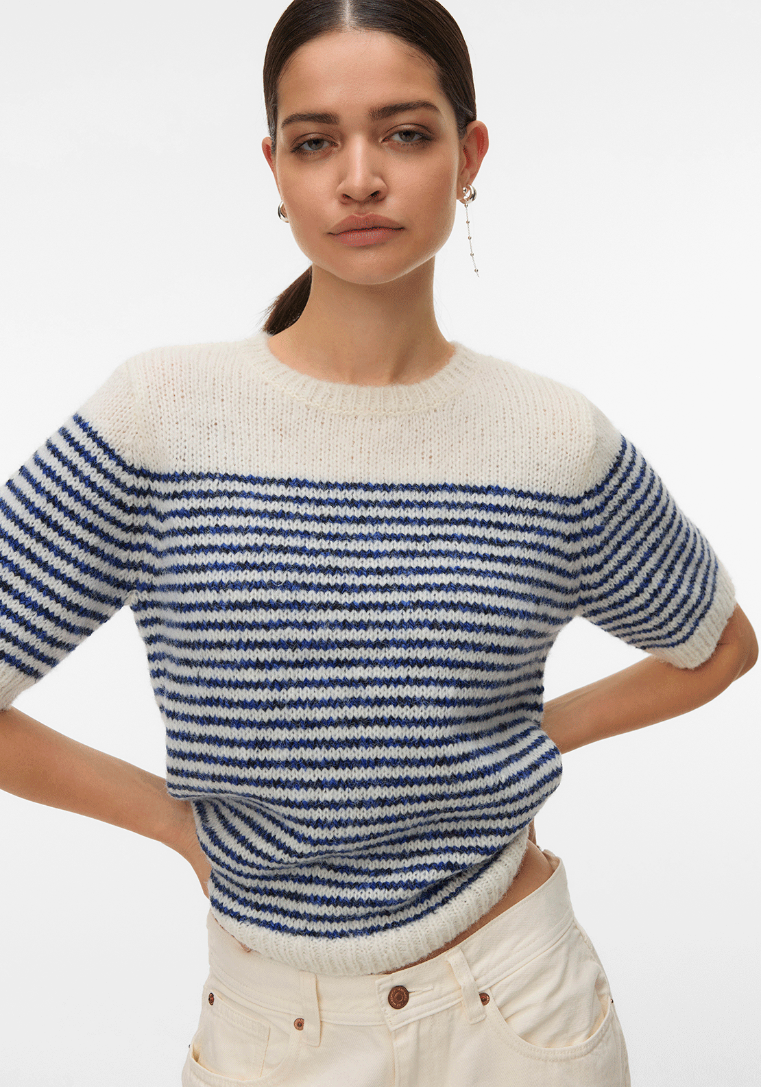Vero Moda River Striped Short Sleeve Sweater, Blue - McElhinneys