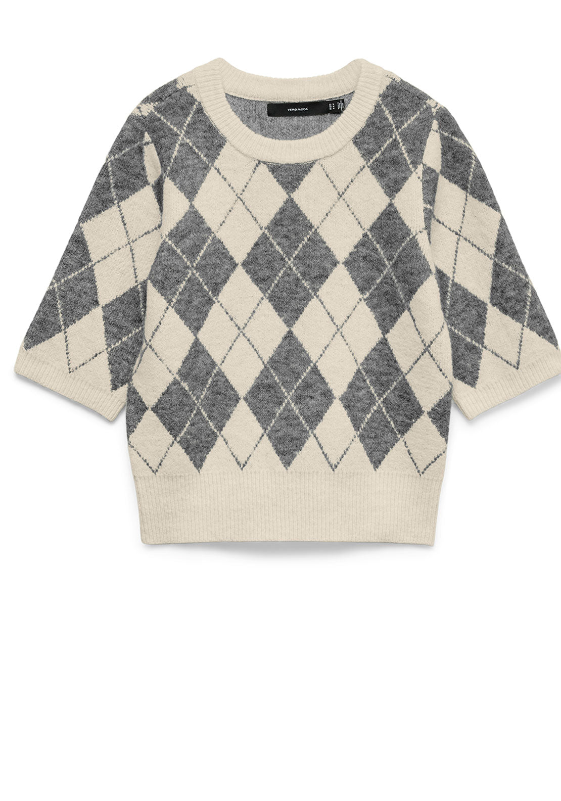 Vero Moda Hal Diamond Knit Short Sleeve Sweater, Cream and Grey ...