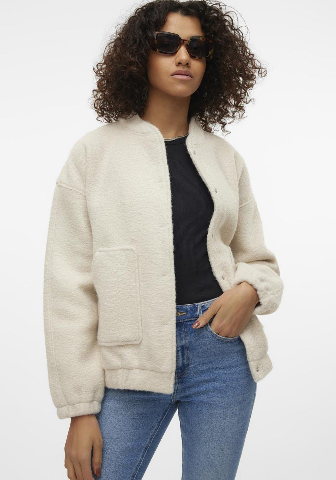 Vero Moda Amber Elite Faux Wool Bomber Jacket, Oatmeal - McElhinneys