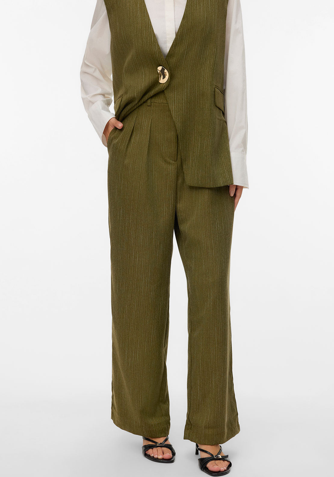 Vero Moda Kylan Pinstripe Wide Leg Trousers, Green - McElhinneys