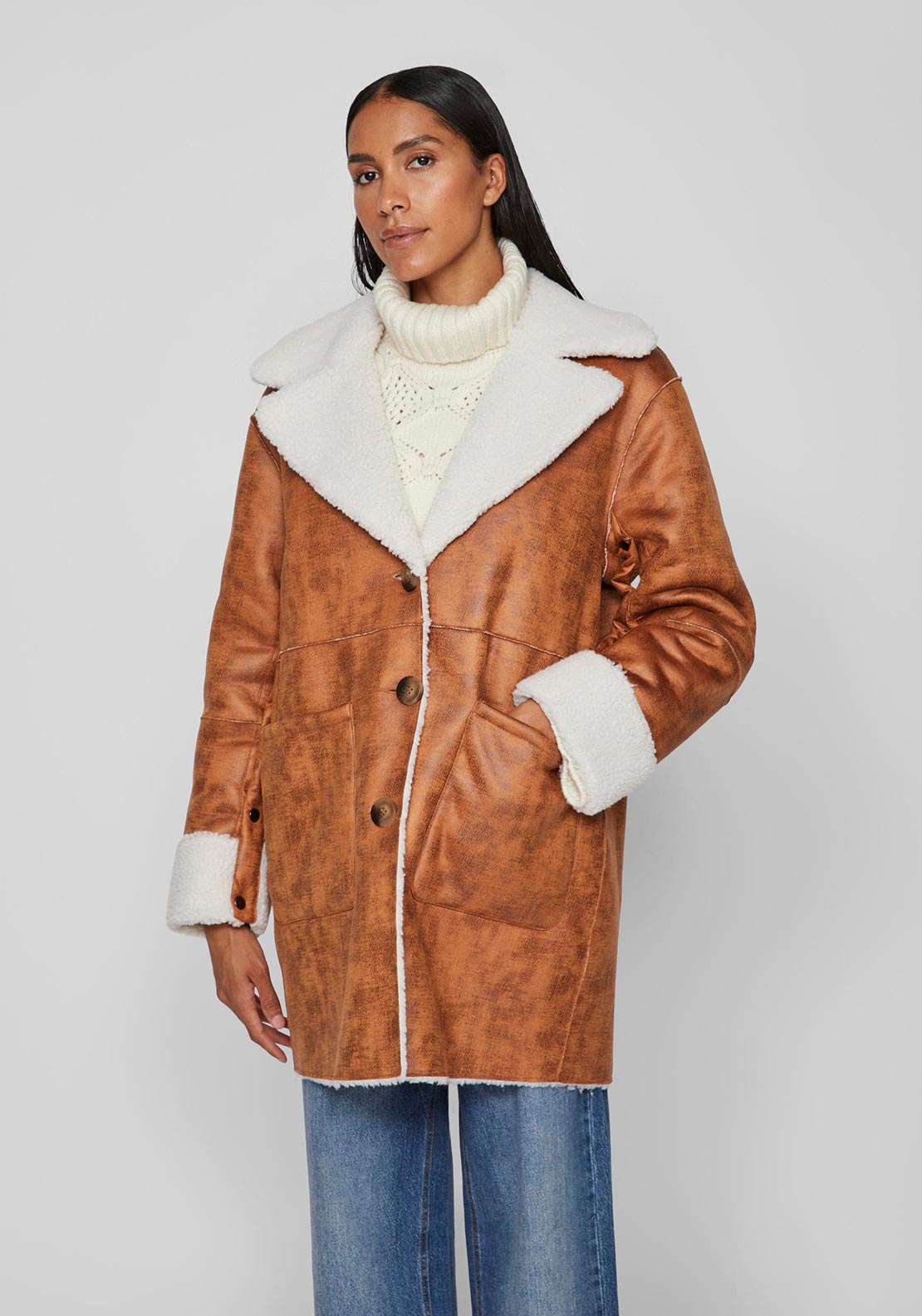 Vila Loal Reversible Borg Coat, Birch Teddy - McElhinneys