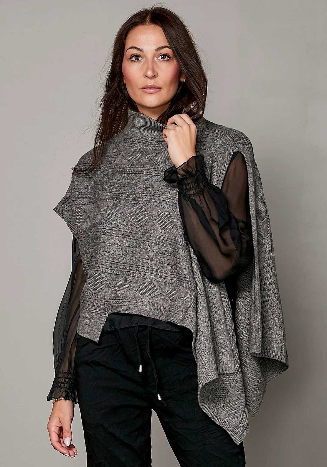 Nu Denmark Vilna Cable Knit Poncho, Grey - McElhinneys