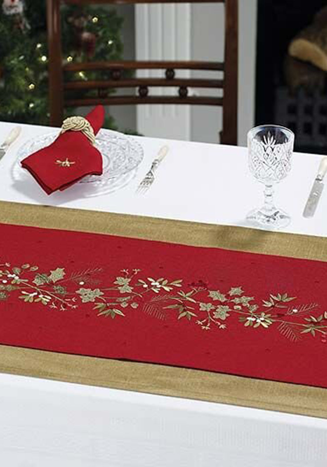 Walton & Co Embroidered Holly & Berry Table Runner, Red - McElhinneys
