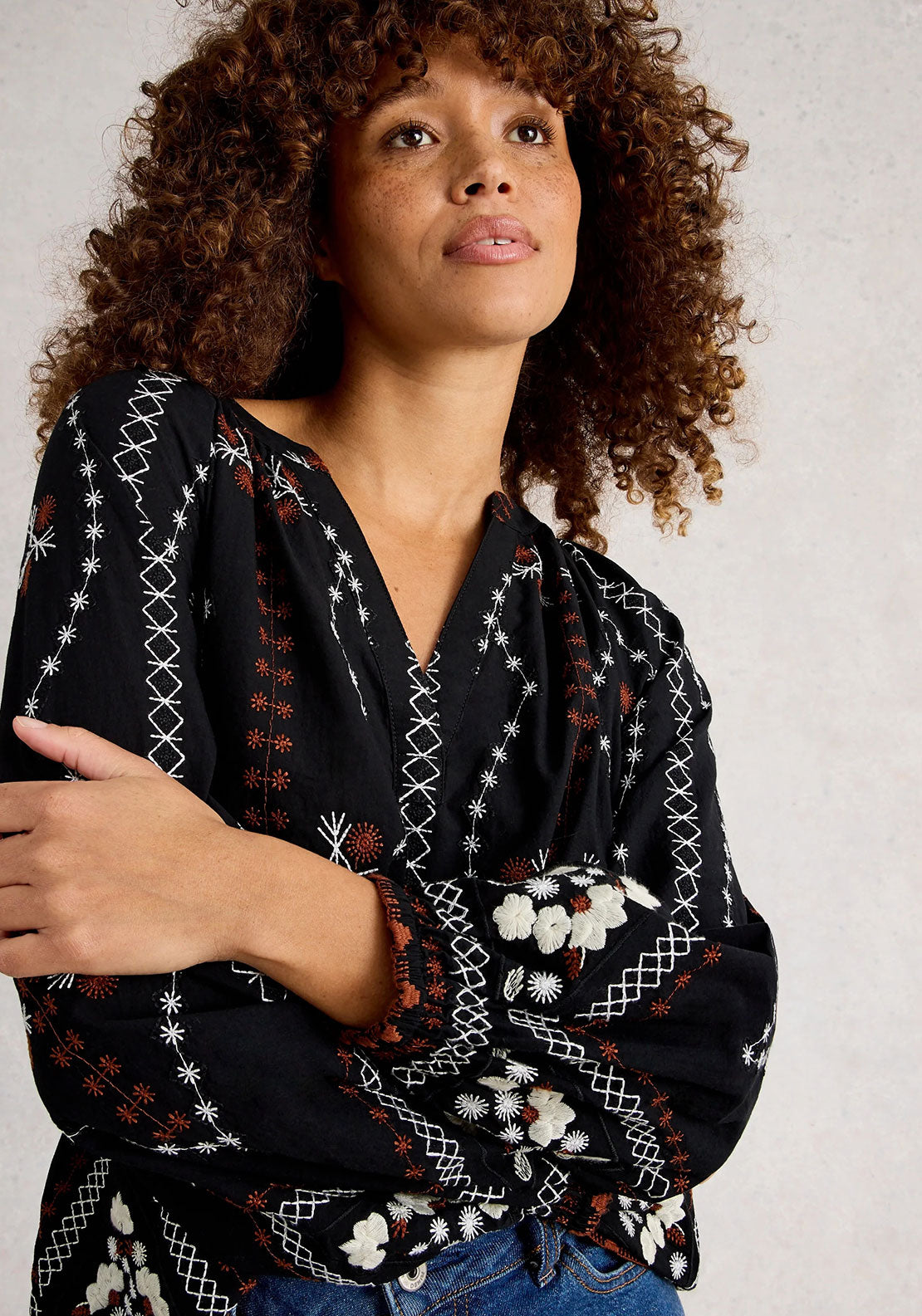 White Stuff Aurora Embroidered Top, Black - McElhinneys