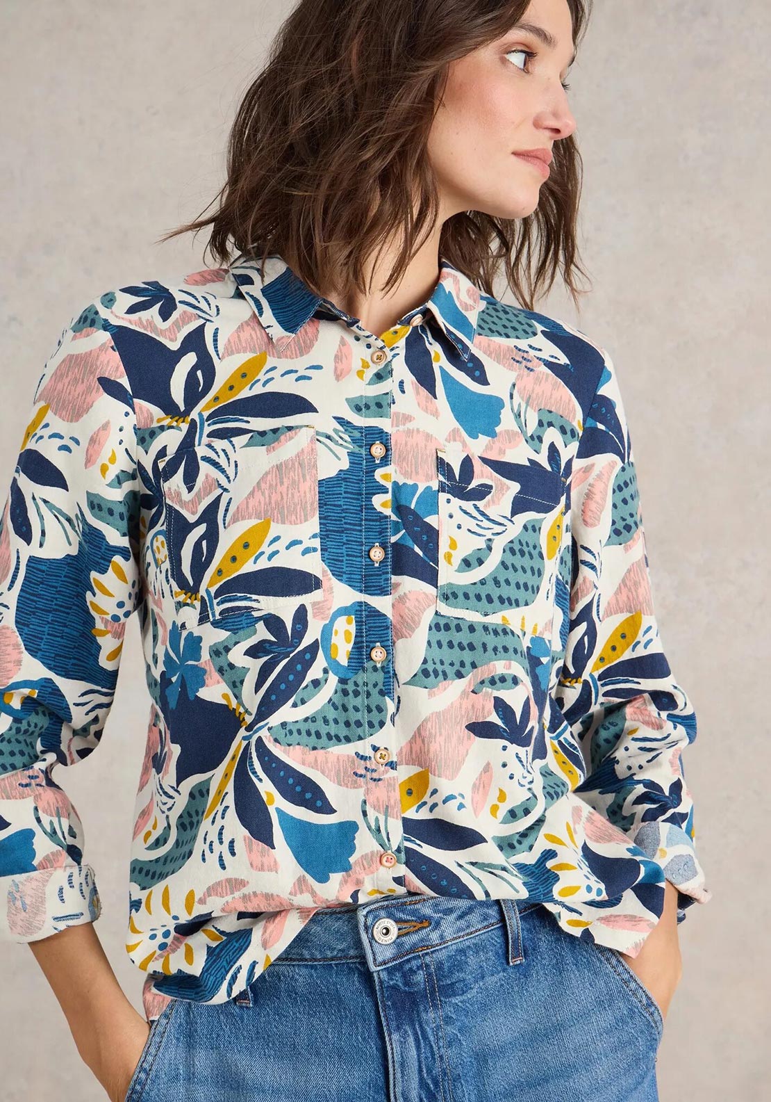 White Stuff Sophie All Over Print Shirt, Ivory Multi - McElhinneys