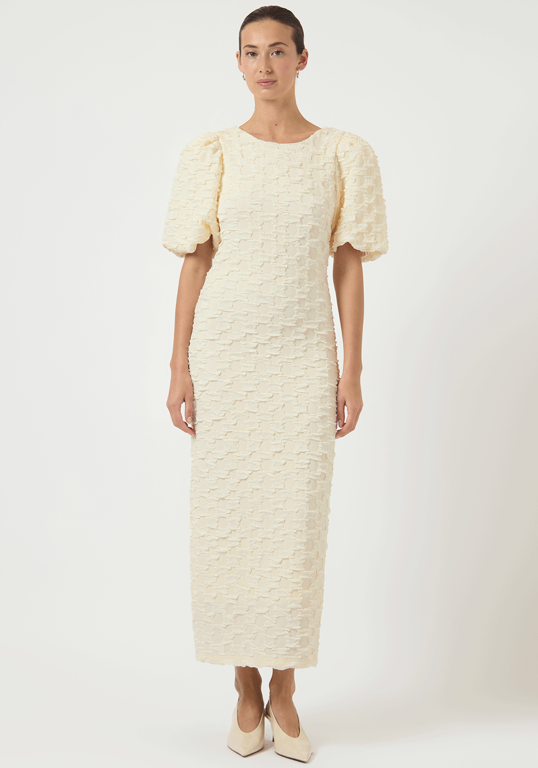 Y.A.S Miamaja Textured Puff Sleeve Long Dress, Ivory - McElhinneys
