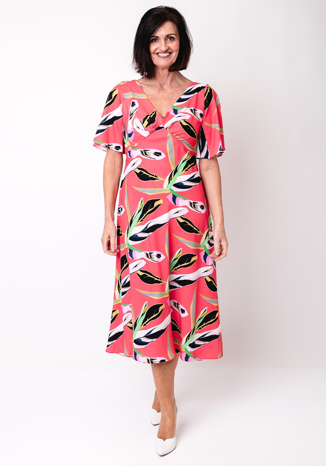 Allison Floral Print V Neck A-line Dress, Pink - McElhinneys