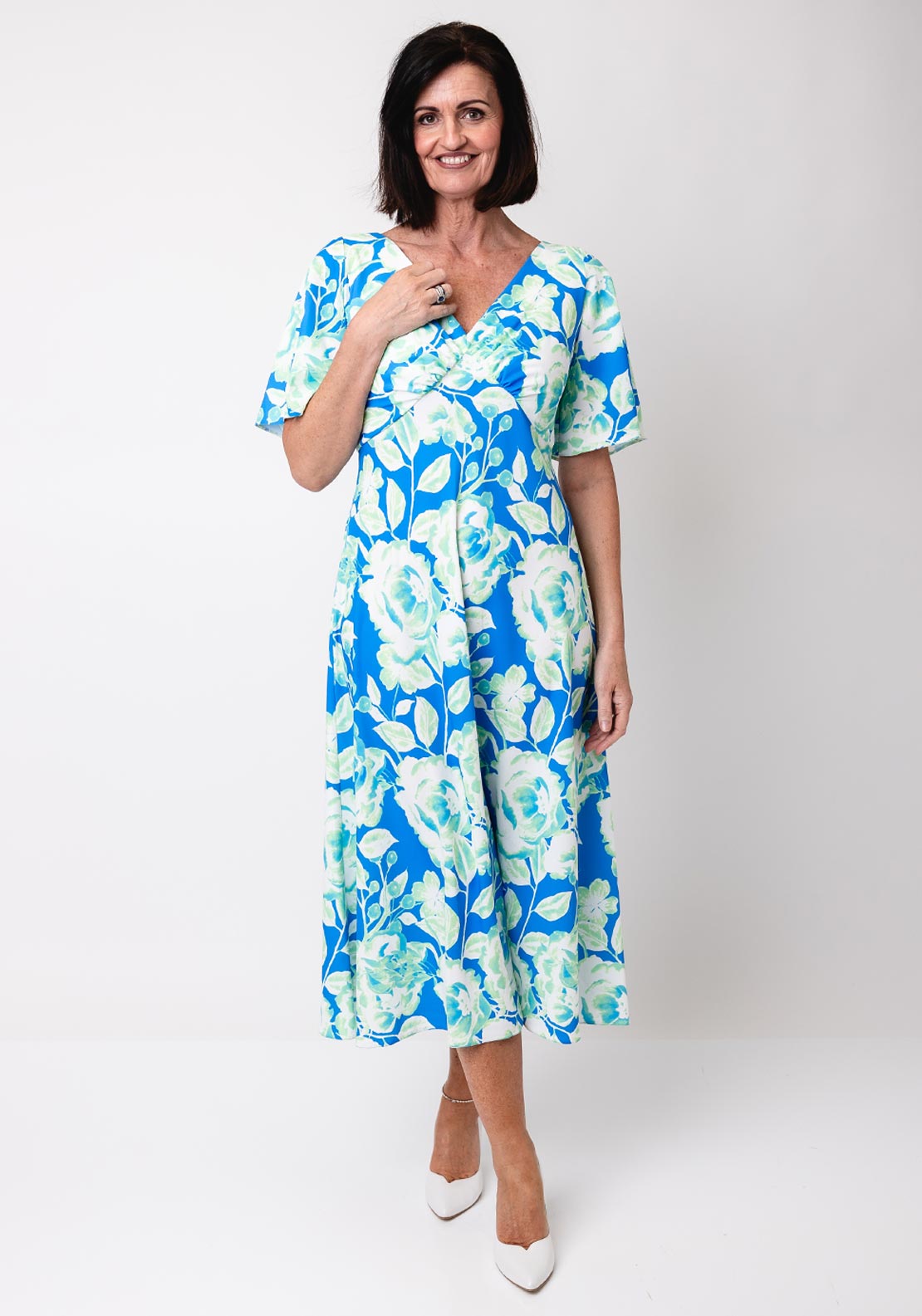 Allison Rose Print A-Line Dress, Blue and Green - McElhinneys