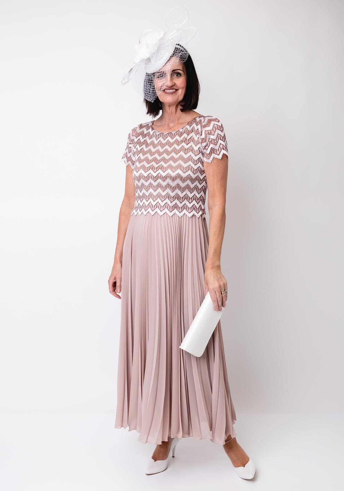 Allison Lace Overlay Pleated Long Dress, Mauve Pink - McElhinneys