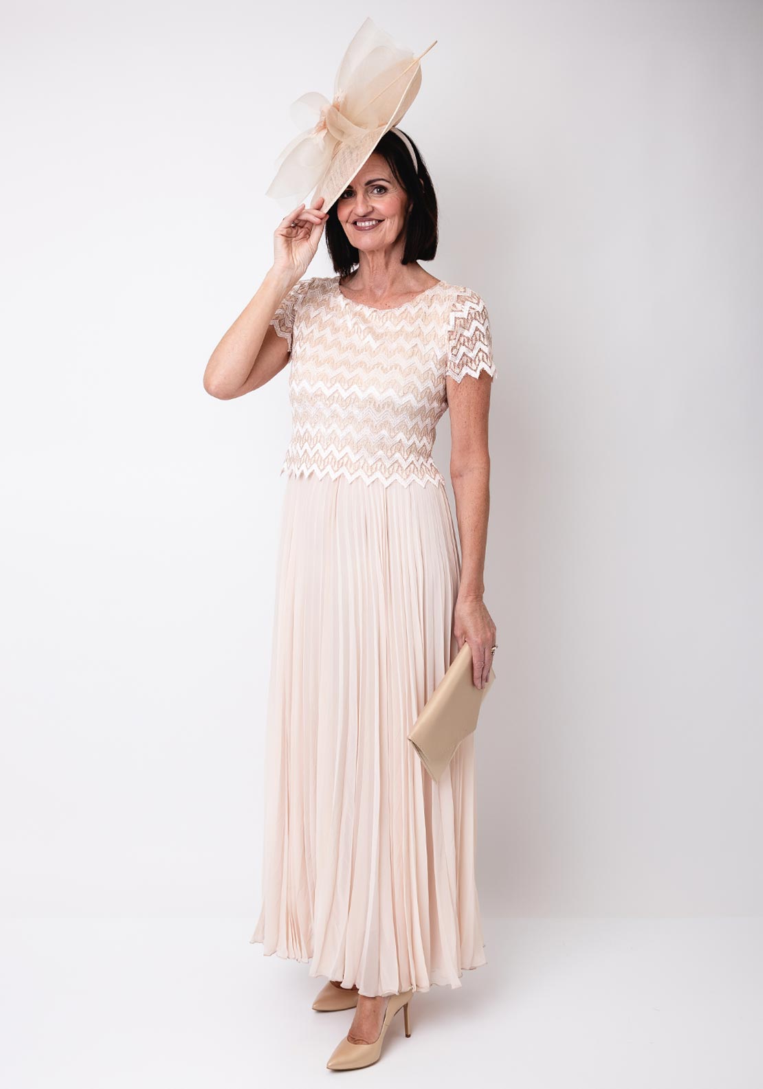Allison Lace Overlay Pleated Long Dress, Beige - McElhinneys